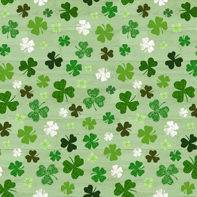 Bolt End Remnant: 2/3 Yard Henry Glass Hello Lucky Green Clover on wood ...